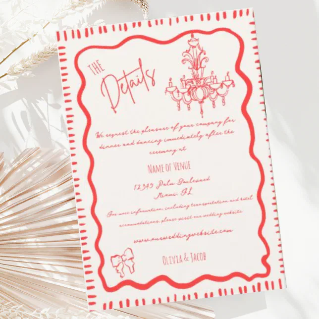 Whimsical Hand Drawn Red Bow Wavy Wedding Details Enclosure Card | Zazzle