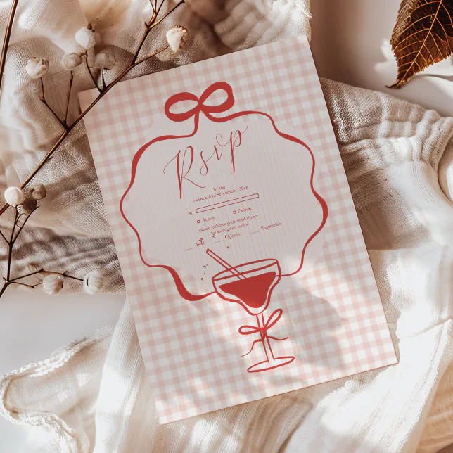 Whimsical Hand Drawn Red Bow Wavy Wedding RSVP Card | Zazzle
