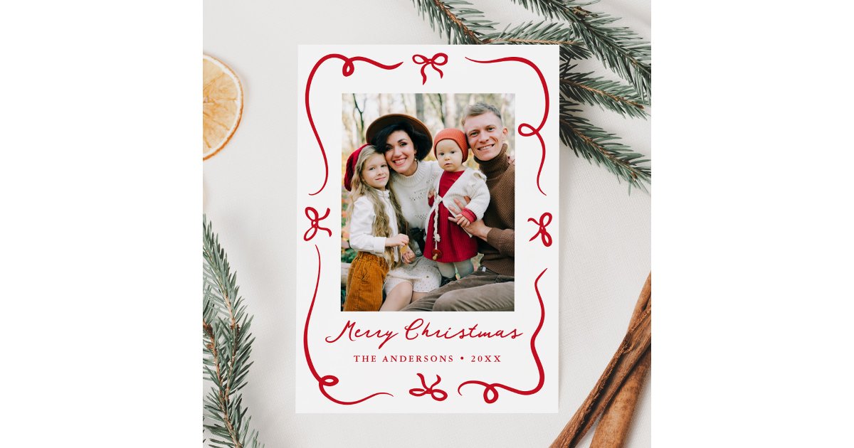 Whimsical Hand-Drawn Red Bows 2 Photo Christmas Holiday Card | Zazzle