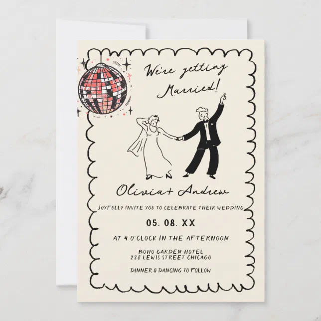 Whimsical Hand Drawn Retro Photo Funky Wedding Invitation | Zazzle