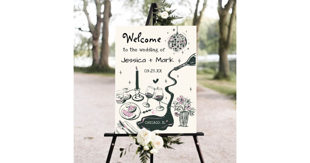 Whimsical Hand Drawn Retro Wedding Welcome Sign | Zazzle