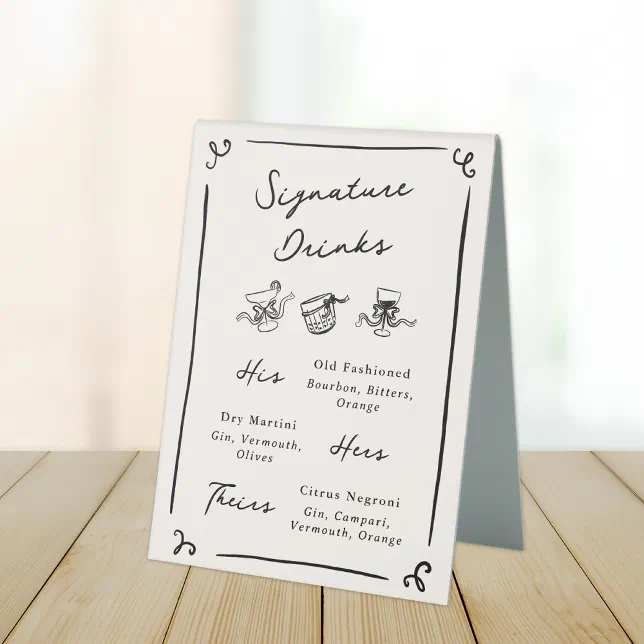 Whimsical Hand Drawn Signature Drinks Table Tent | Zazzle