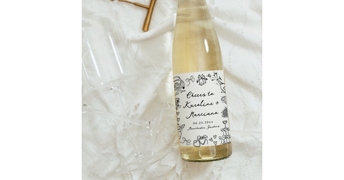 Whimsical Hand Drawn Wedding Doodles Wine Label | Zazzle