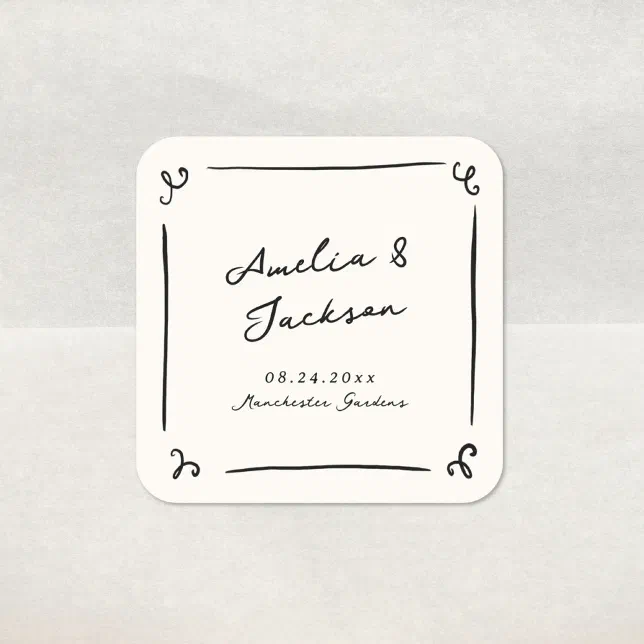 Whimsical Hand Drawn Wedding Square Sticker | Zazzle