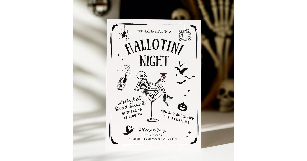Whimsical Handwritten Skeleton Martini Halloween Invitation | Zazzle