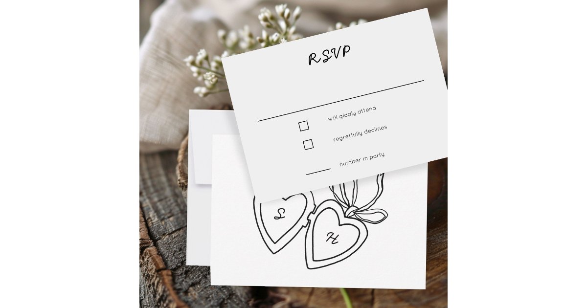 Whimsical Heart Locket Doodle Sketch CUSTOM RSVP Card | Zazzle