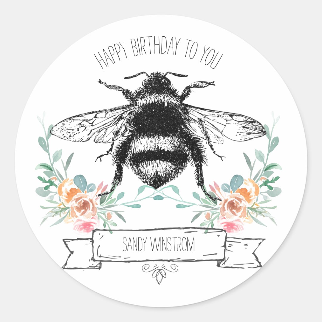 Whimsical Honey Bee Happy Birthday Floral Sticker | Zazzle
