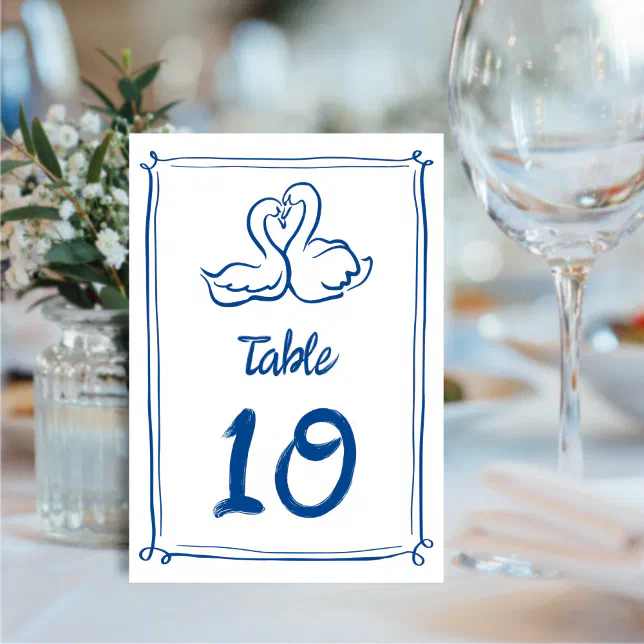 Whimsical Illustrated Hand-drawn Swans Wedding Table Number | Zazzle