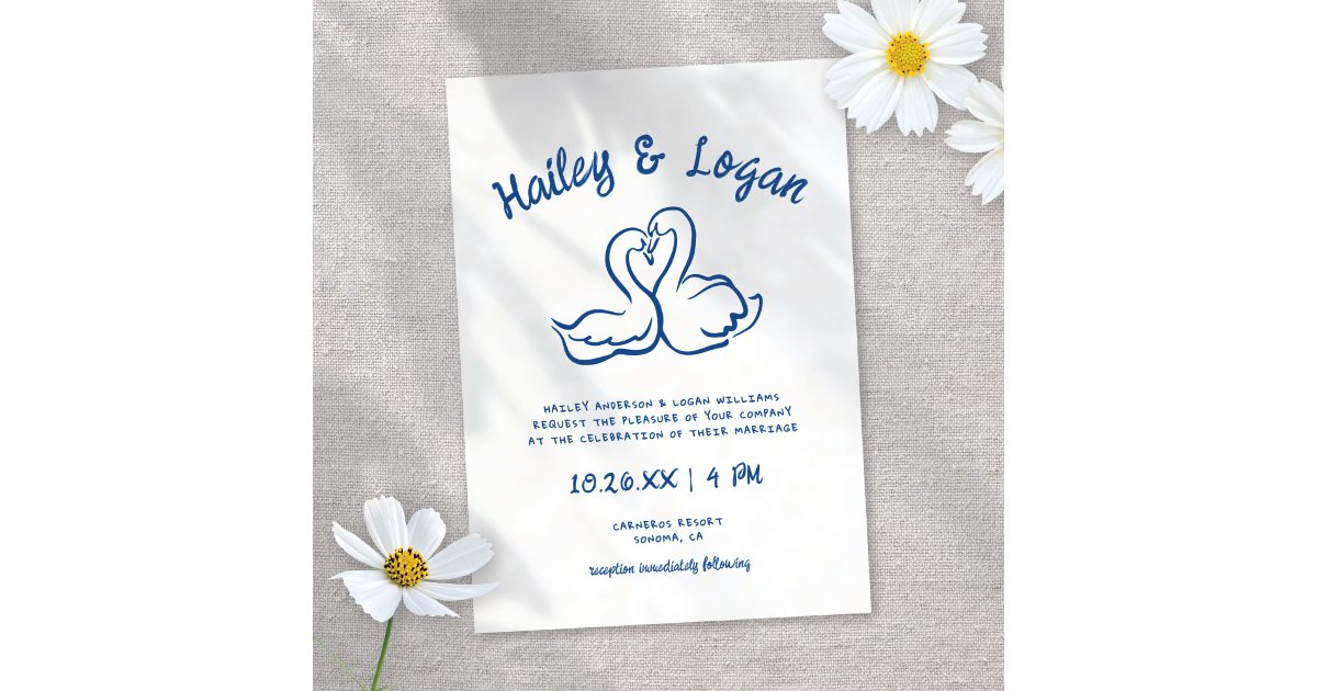 Whimsical Illustrated Swans Hand-drawn Fun Wedding Invitation | Zazzle
