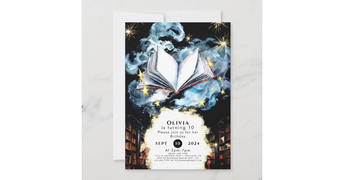 Whimsical Library Magical Storybook Birthday Invitation | Zazzle