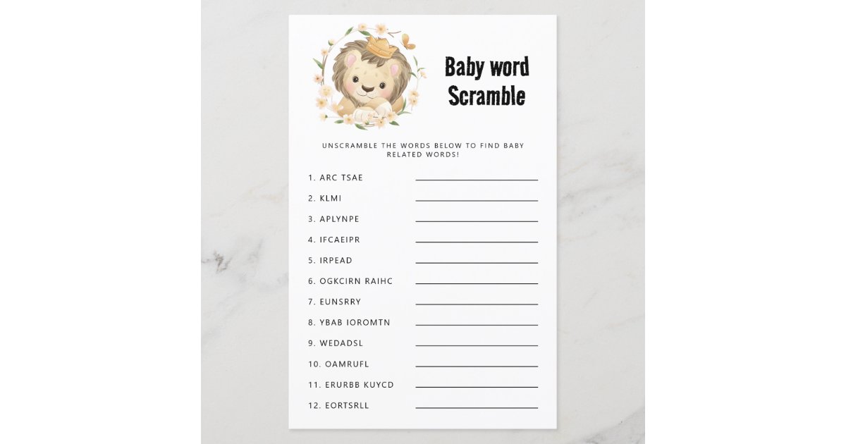 Whimsical Lion King Baby Shower Word Scramble Game | Zazzle