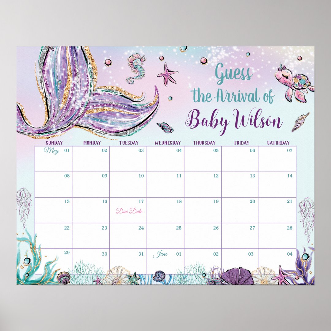 Whimsical Mermaid Guess Baby's Arrival Birth Game Poster | Zazzle