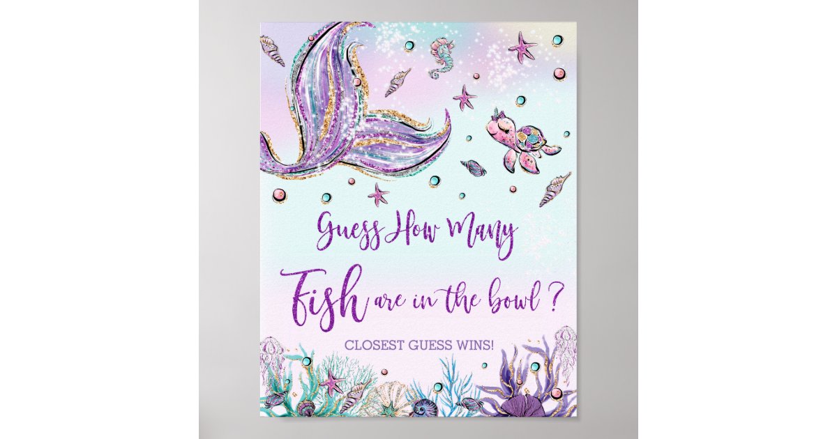 Whimsical Mermaid Guess How Many Fish in Bowl Game Poster | Zazzle