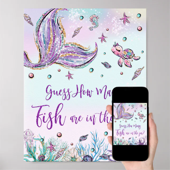 Whimsical Mermaid Guess How Many Fish in Jar Game Poster | Zazzle