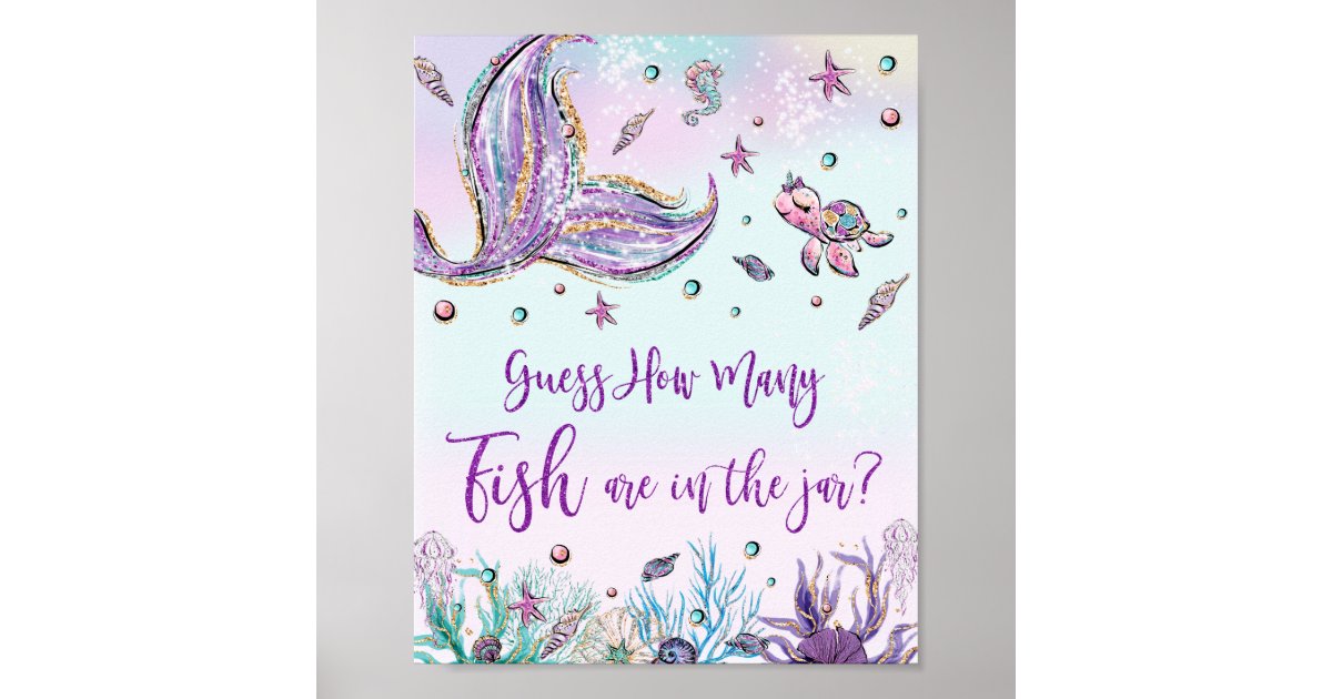 Whimsical Mermaid Guess How Many Fish in Jar Game Poster | Zazzle