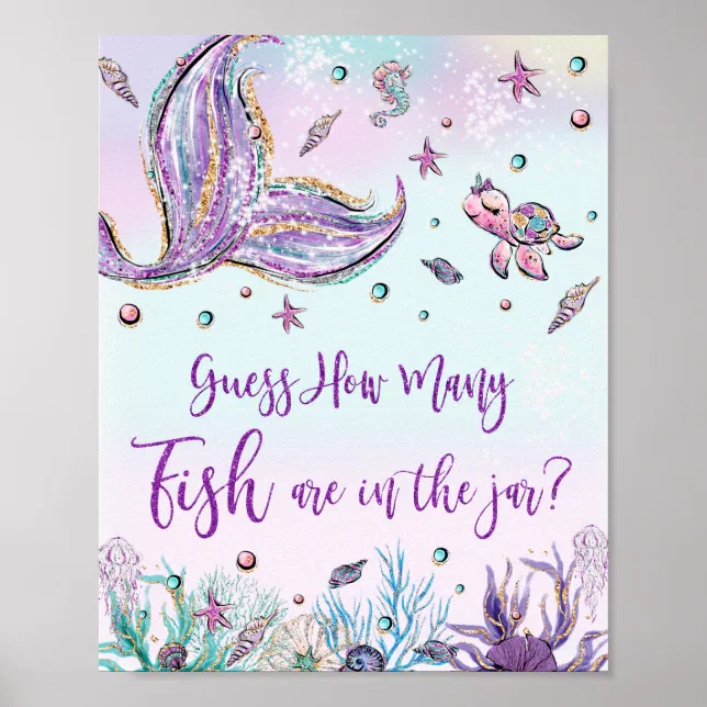 Whimsical Mermaid Guess How Many Fish in Jar Game Poster | Zazzle