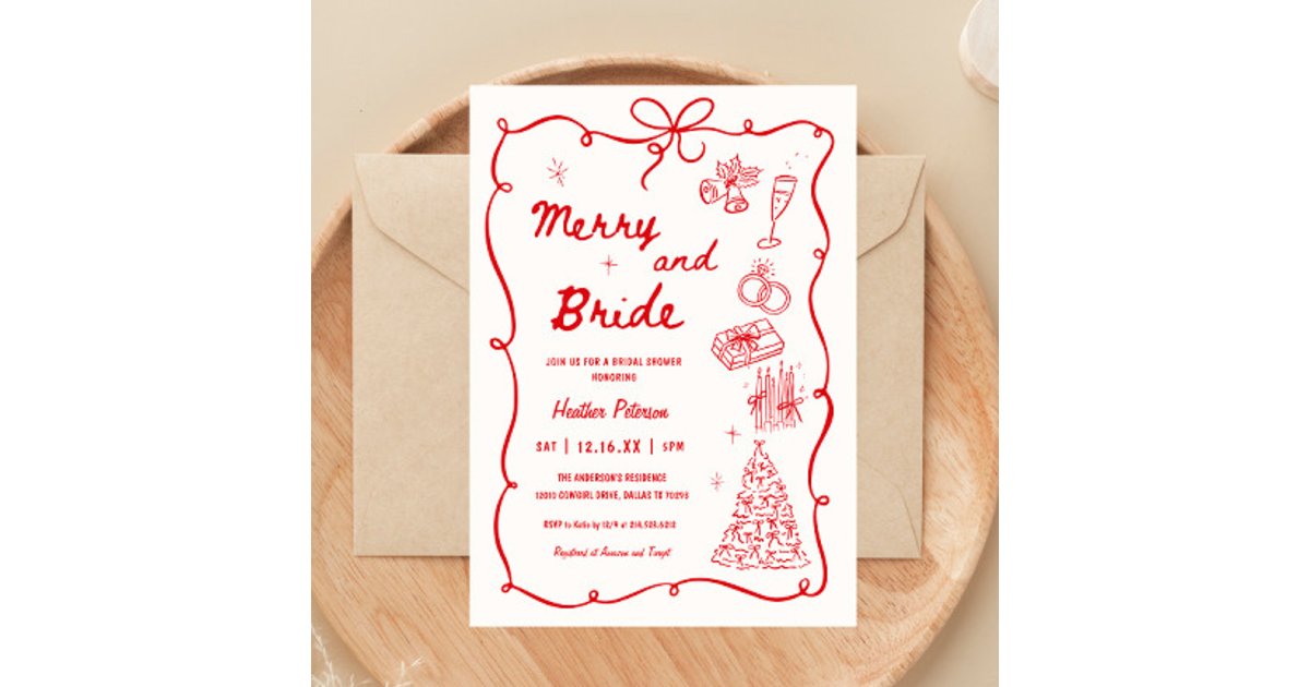 Whimsical Merry and Bride Holiday Bridal Shower Invitation | Zazzle