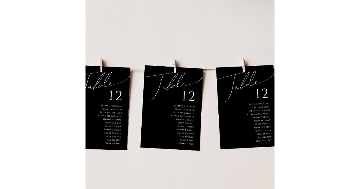 Whimsical Minimal Script Black Table Number Chart | Zazzle