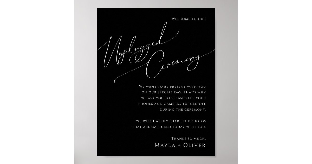 Whimsical Minimal Script Black Unplugged Ceremony Poster | Zazzle