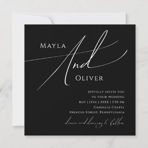 Whimsical Minimalist Script | Black Square Wedding Invitation | Zazzle