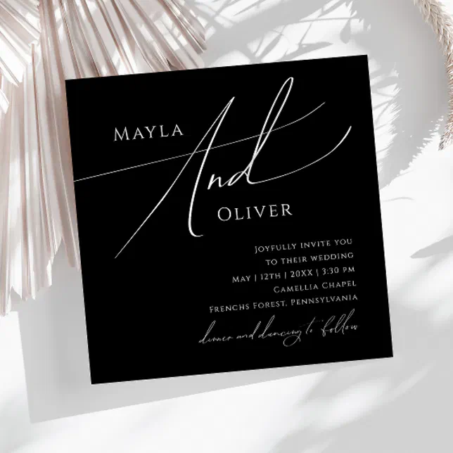 Whimsical Minimalist Script | Black Square Wedding Invitation | Zazzle