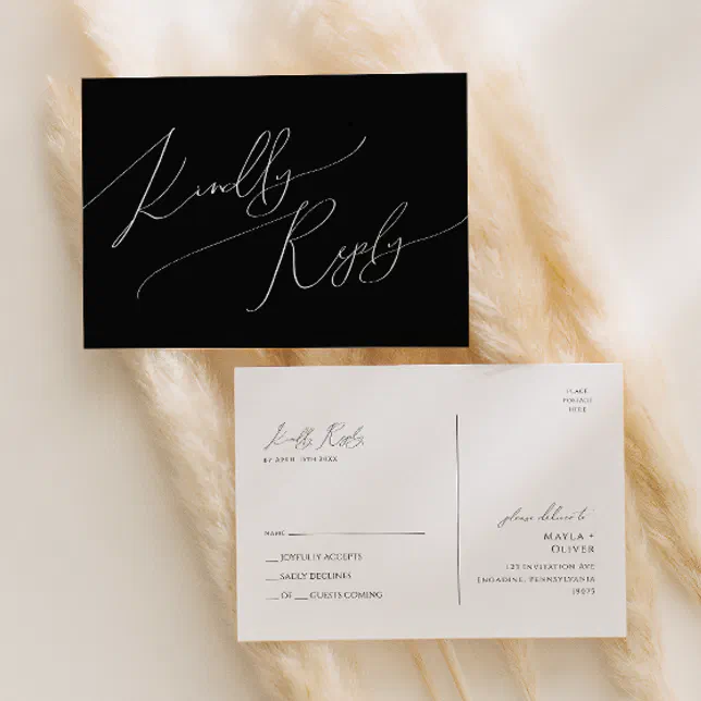Whimsical Minimalist Script | Black Wedding RSVP Postcard | Zazzle