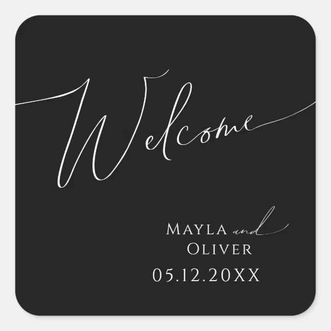 Whimsical Minimalist Script Black Wedding Welcome Square Sticker | Zazzle