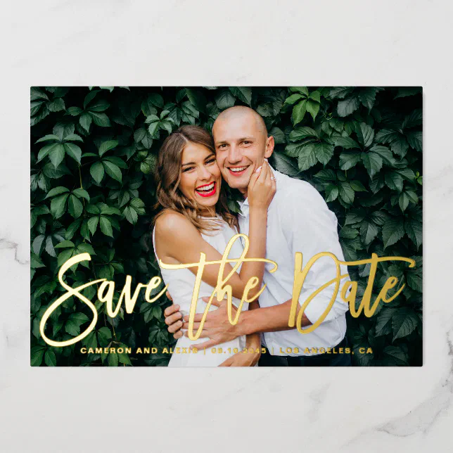 Whimsical Modern Calligraphy Photo Save the Date Foil Invitation | Zazzle