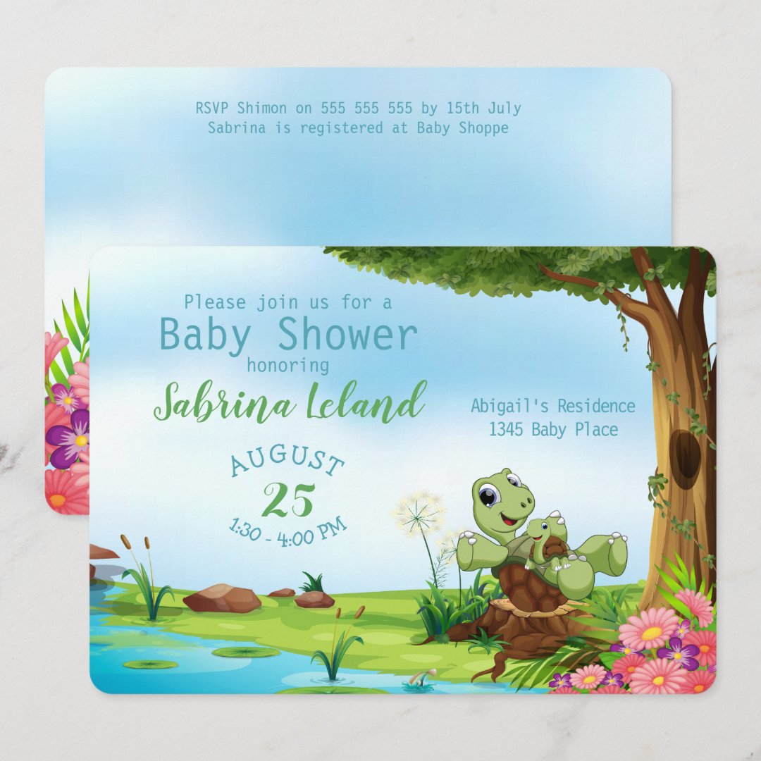 Whimsical Mom and Baby Turtle Animal Baby Shower Invitation | Zazzle