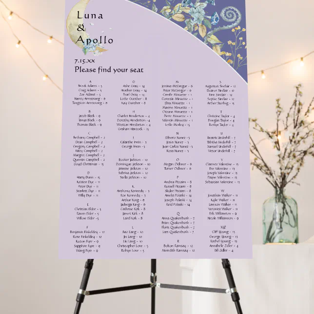 Whimsical Moon Purple Wedding Seating Chart Sign | Zazzle