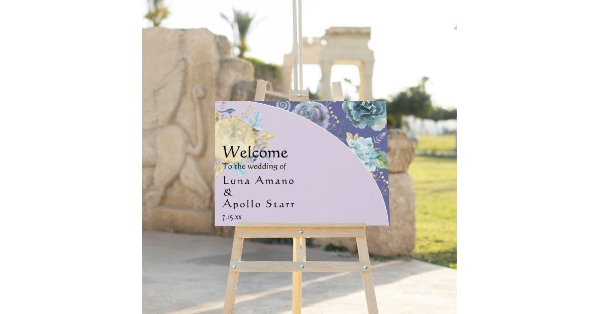 Whimsical Moon Purple Wedding Welcome Sign | Zazzle