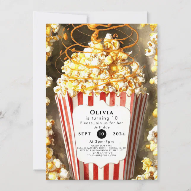 Whimsical Movie Night Popcorn Birthday Invitation | Zazzle