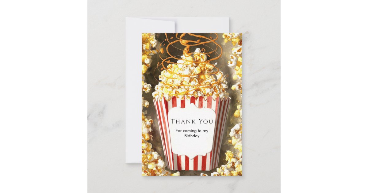 Whimsical Movie Night Popcorn Birthday Thank You Card | Zazzle