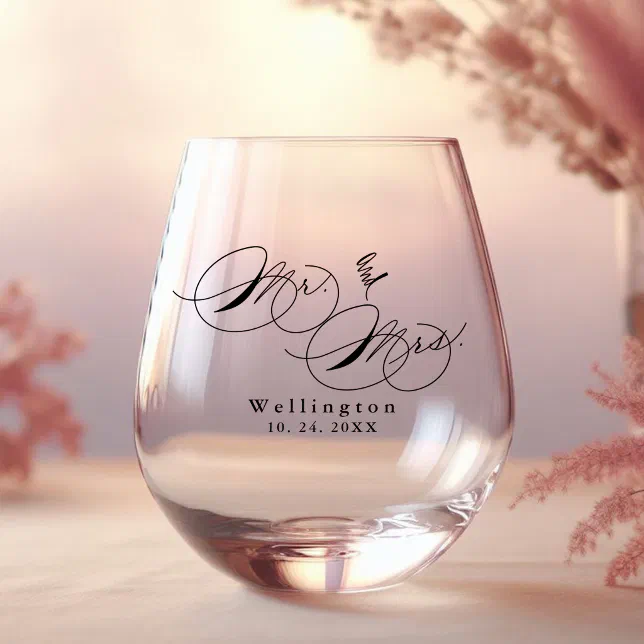Whimsical Mr And Mrs Calligraphy Wedding Stemless Wine Glass Zazzle