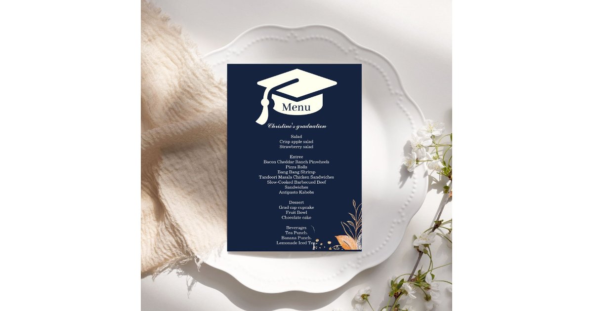 Whimsical Navy blue Graduation party dinner menu | Zazzle