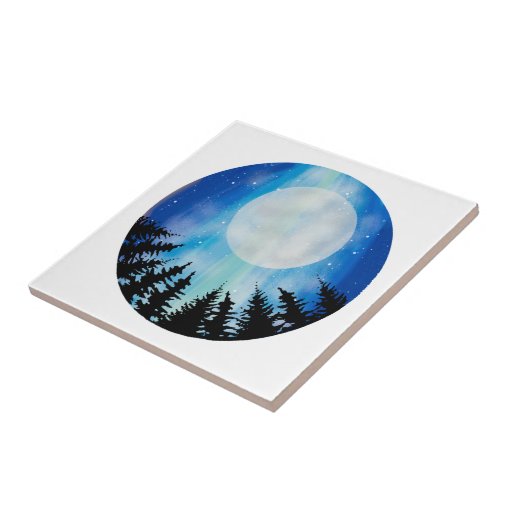 Whimsical Night Full Moon Forest Sky Blue Circle Ceramic Tile | Zazzle