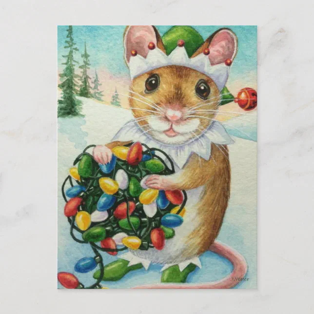 Whimsical North Pole Elf Mouse Watercolor Art Postcard | Zazzle