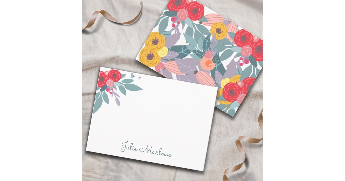 Whimsical Painted Boho Floral Flat Note Card | Zazzle