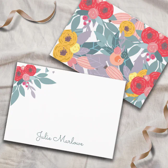 Whimsical Painted Boho Floral Flat Note Card | Zazzle