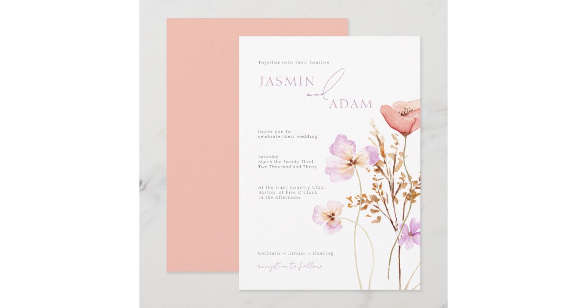 Whimsical Peach Lilac Wildflowers Wedding Invitation | Zazzle