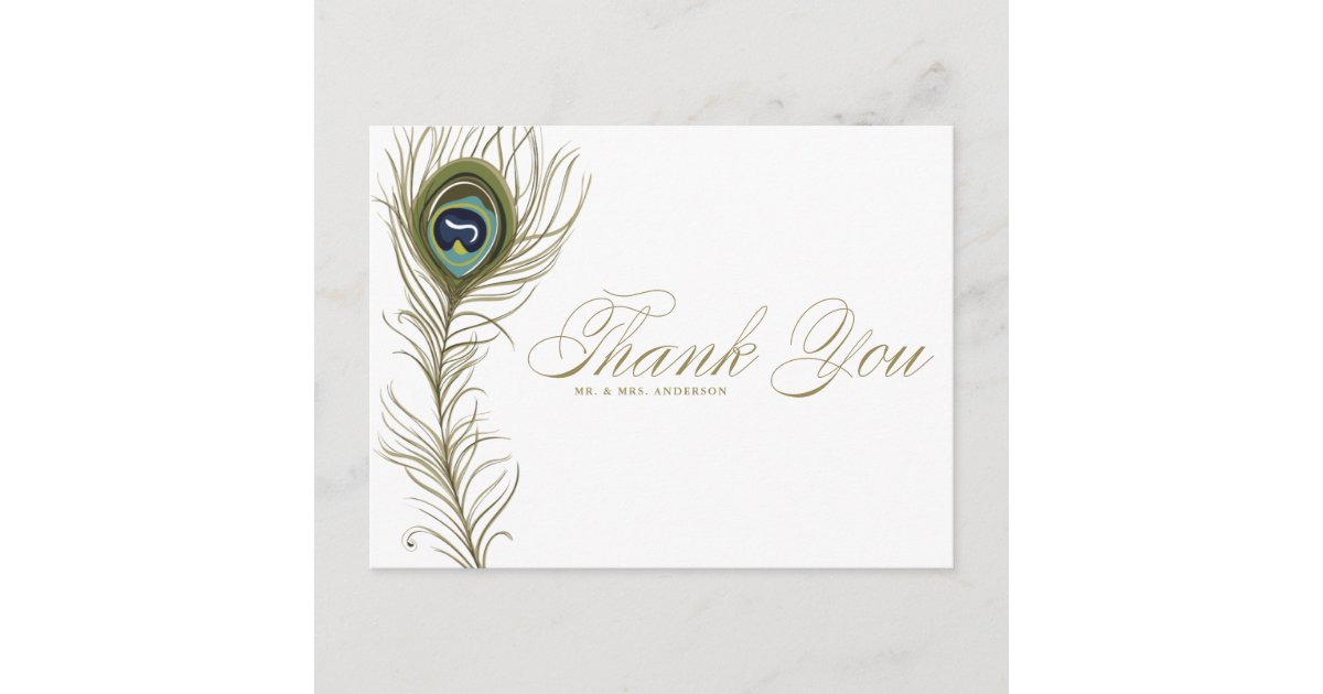 Whimsical Peacock Feather Thank You Postcard | Zazzle