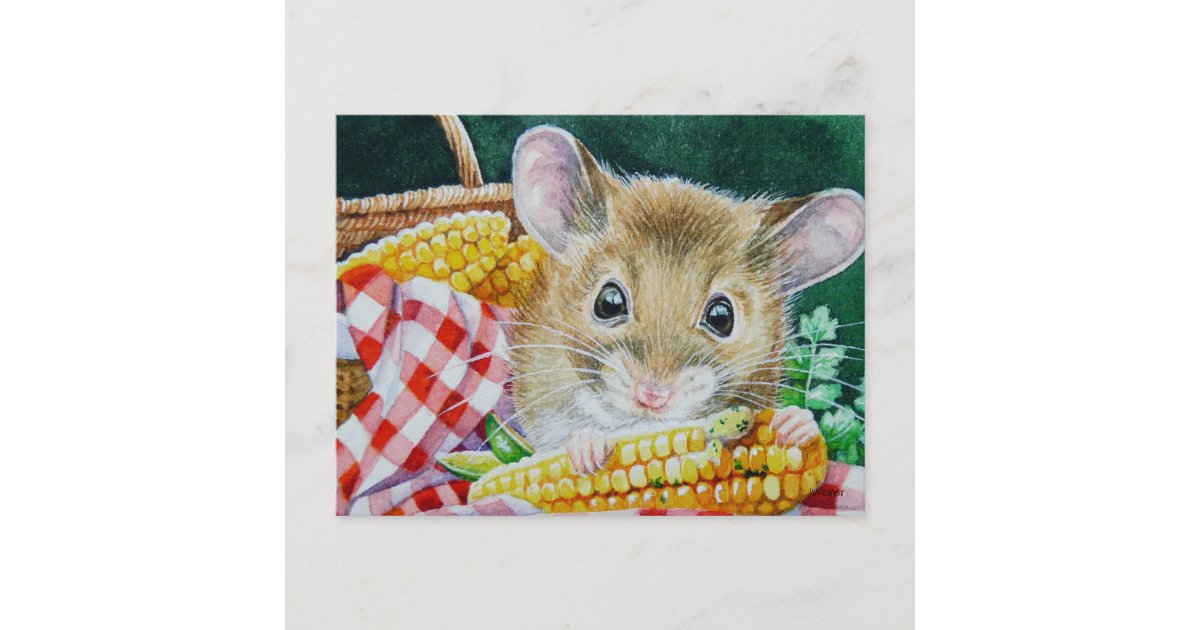Whimsical Picnic Mouse Eating Corn Watercolor Art Postcard | Zazzle