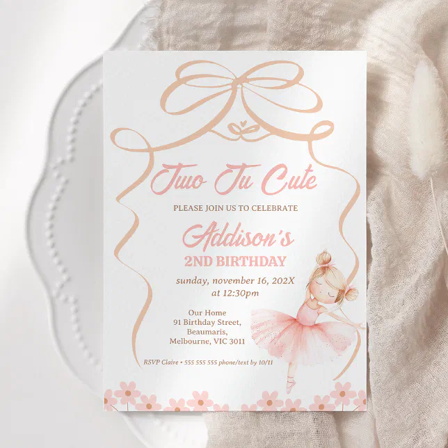 Whimsical Pink Ballerina Two Tu Cute 2nd Birthday Invitation | Zazzle