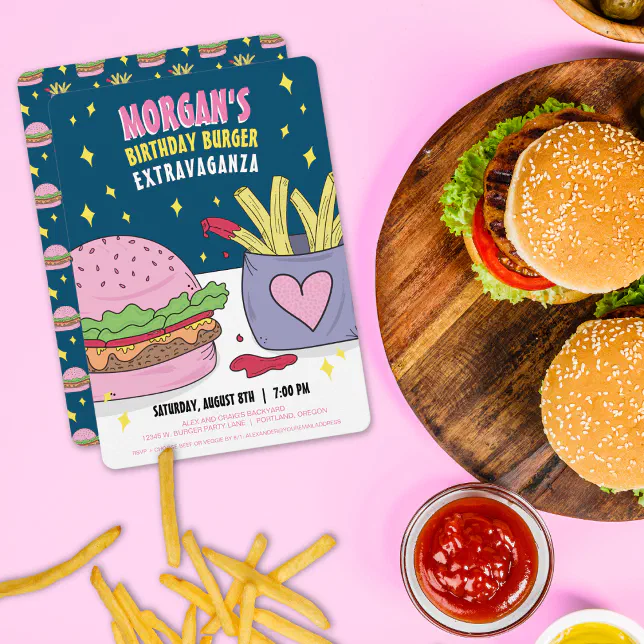 Whimsical Pink Burger and Fries Birthday Party Invitation | Zazzle