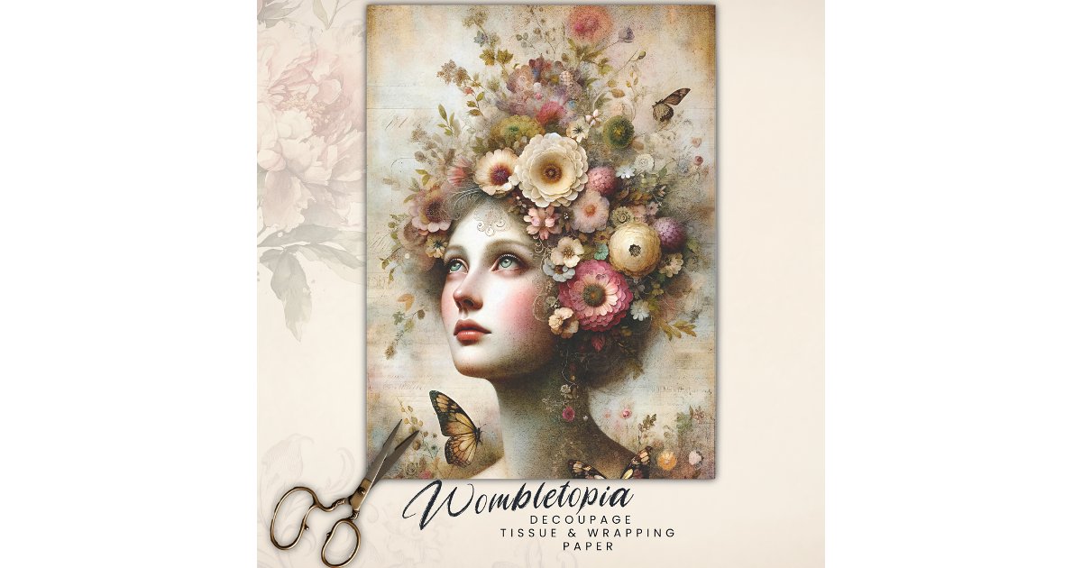 Whimsical Pink Floral Maiden, Antique Decoupage Tissue Paper | Zazzle