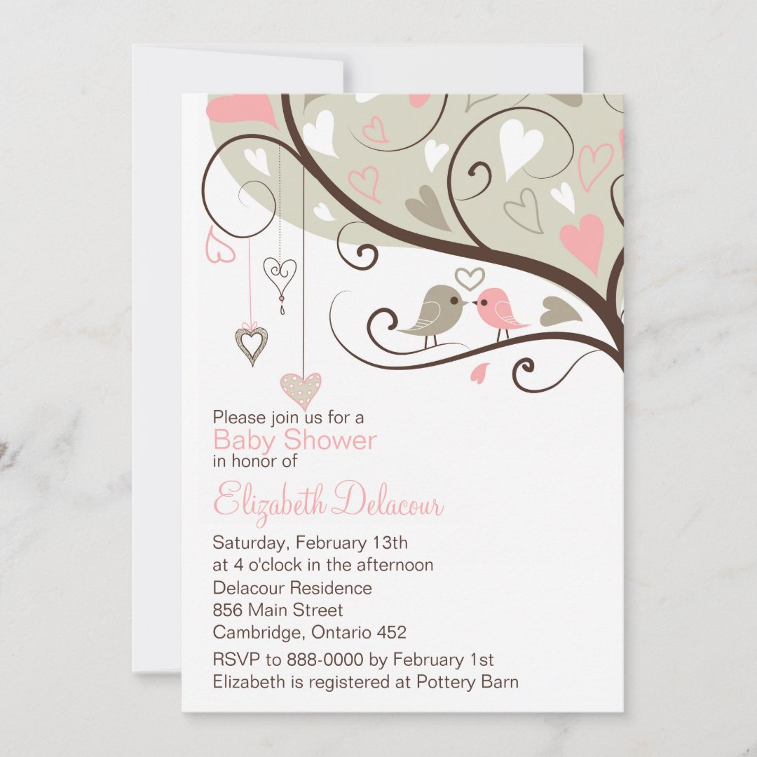Whimsical Pink & Gray Birds Baby Shower Invitation | Zazzle
