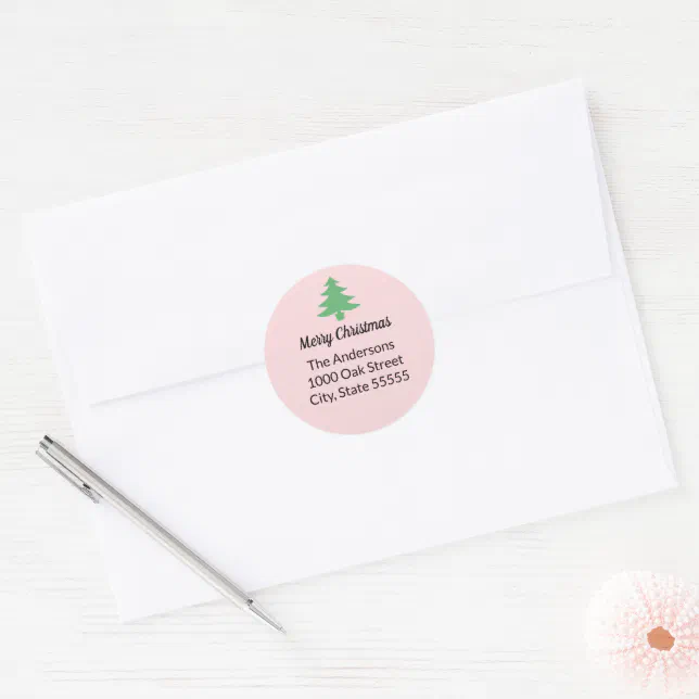 Whimsical Pink Green Christmas Tree Return Address Classic Round ...