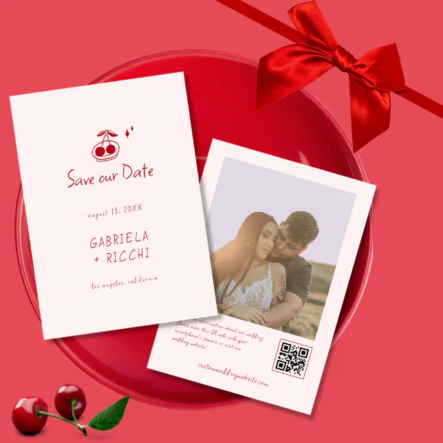 Whimsical Pink & Red Hand Drawn Cherry QR Code Save The Date | Zazzle