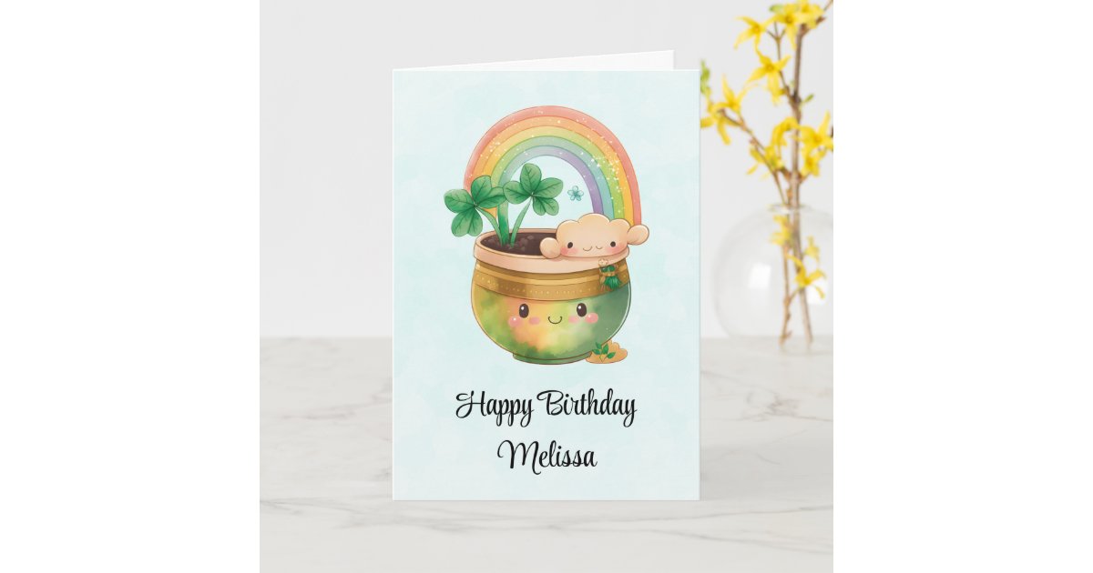 Whimsical Planter with Rainbow & Clover Birthday Card | Zazzle