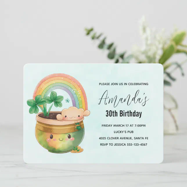 Whimsical Planter with Rainbow & Clover Birthday Invitation | Zazzle